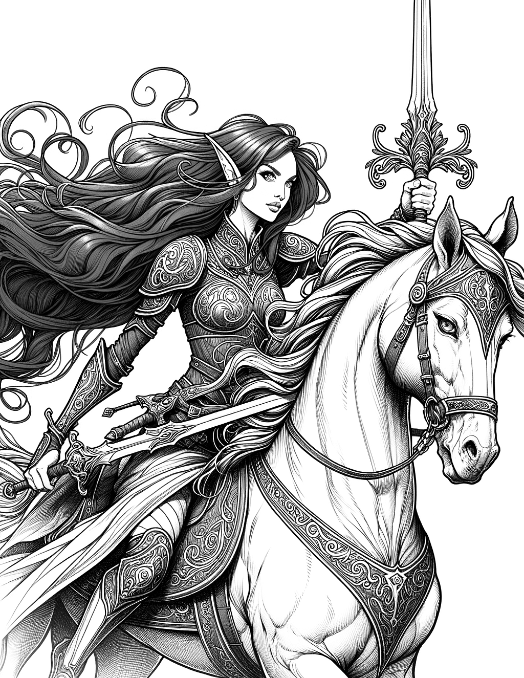 Coloring page of a close up of a woman with red hair and a swordon ...