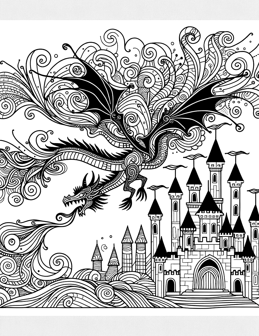 Coloring page of dragon flying over castle | PageCrayon