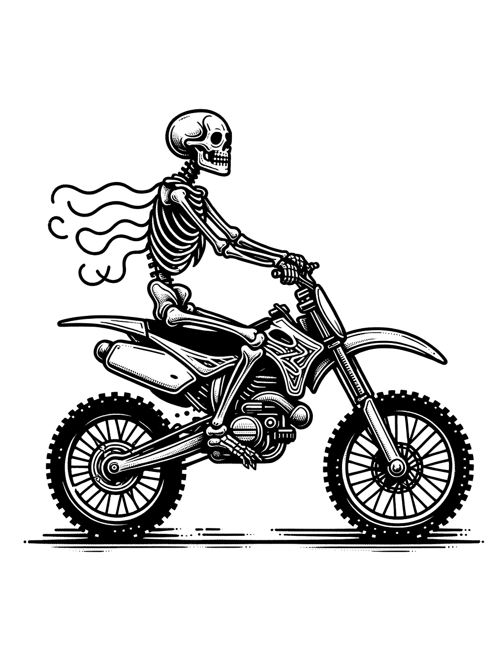 Coloring page of skeleton riding a dirt bike | PageCrayon