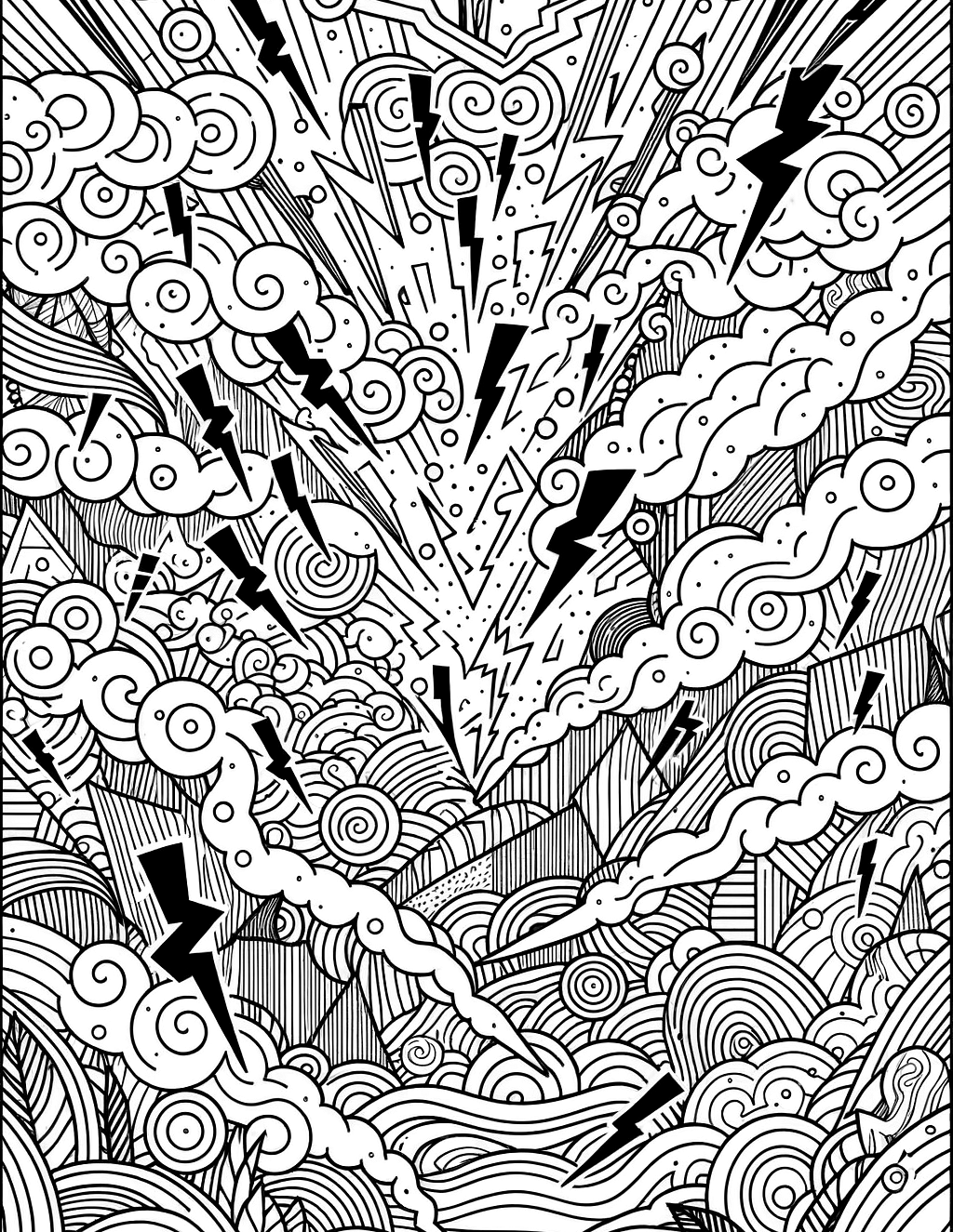 Coloring page of a lightning thunder sky | PageCrayon