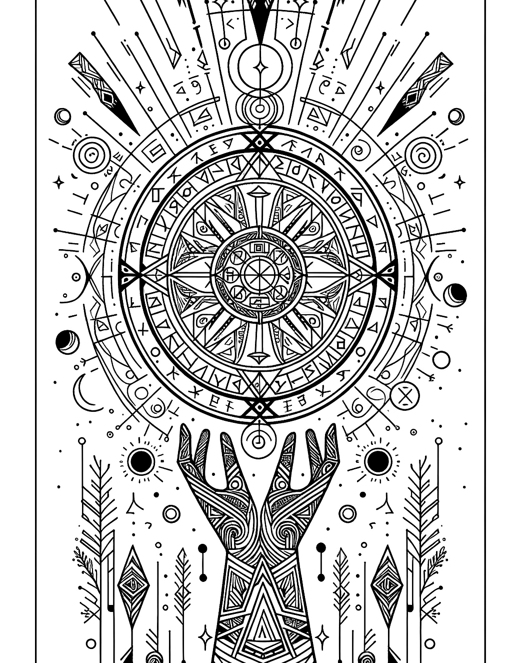 Coloring page of a magical rune circle with runes glow | PageCrayon