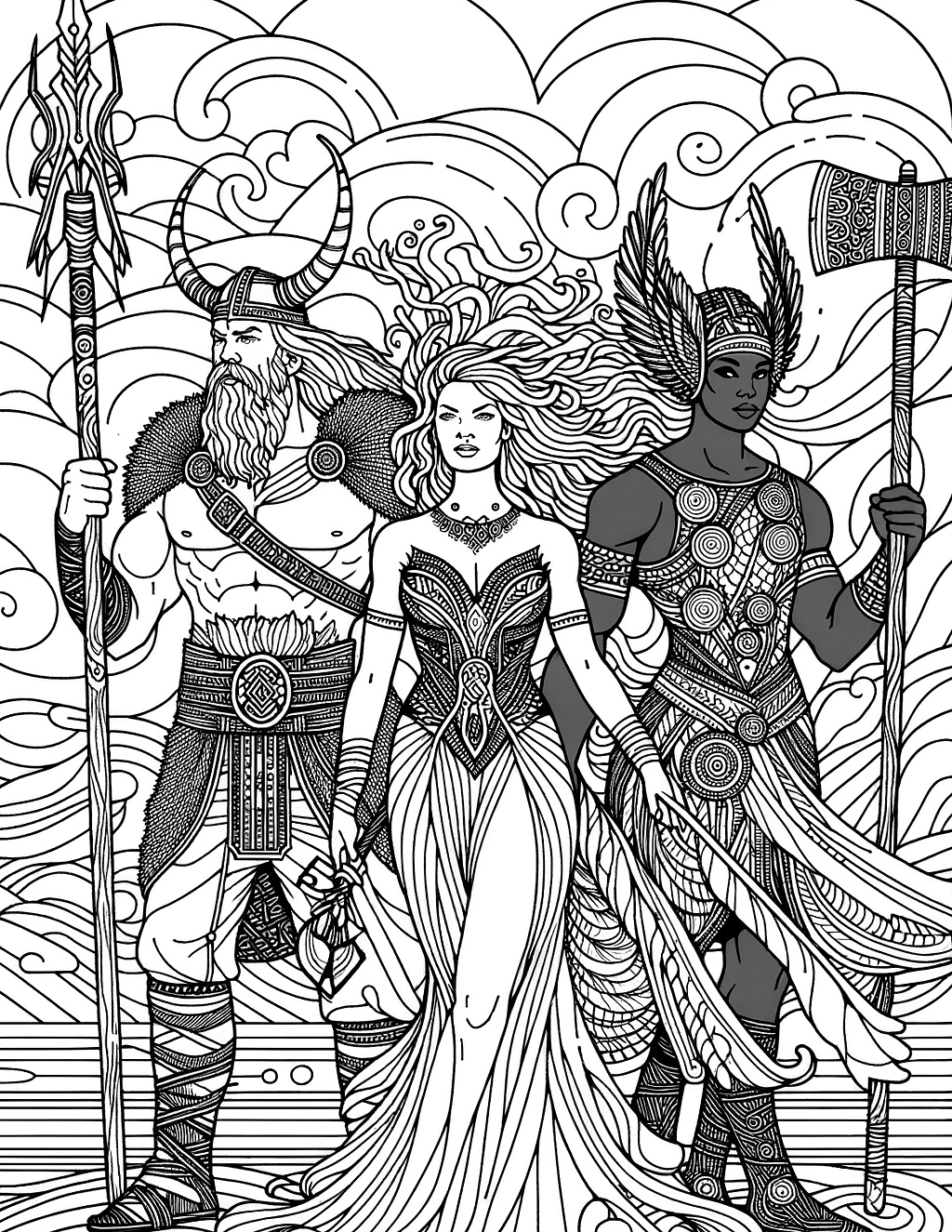 Coloring page of viking gods odin, thor, and freyja in a mystical ...