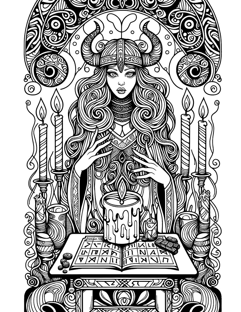 Coloring page of a viking seeress conducting a divination ritual with ...