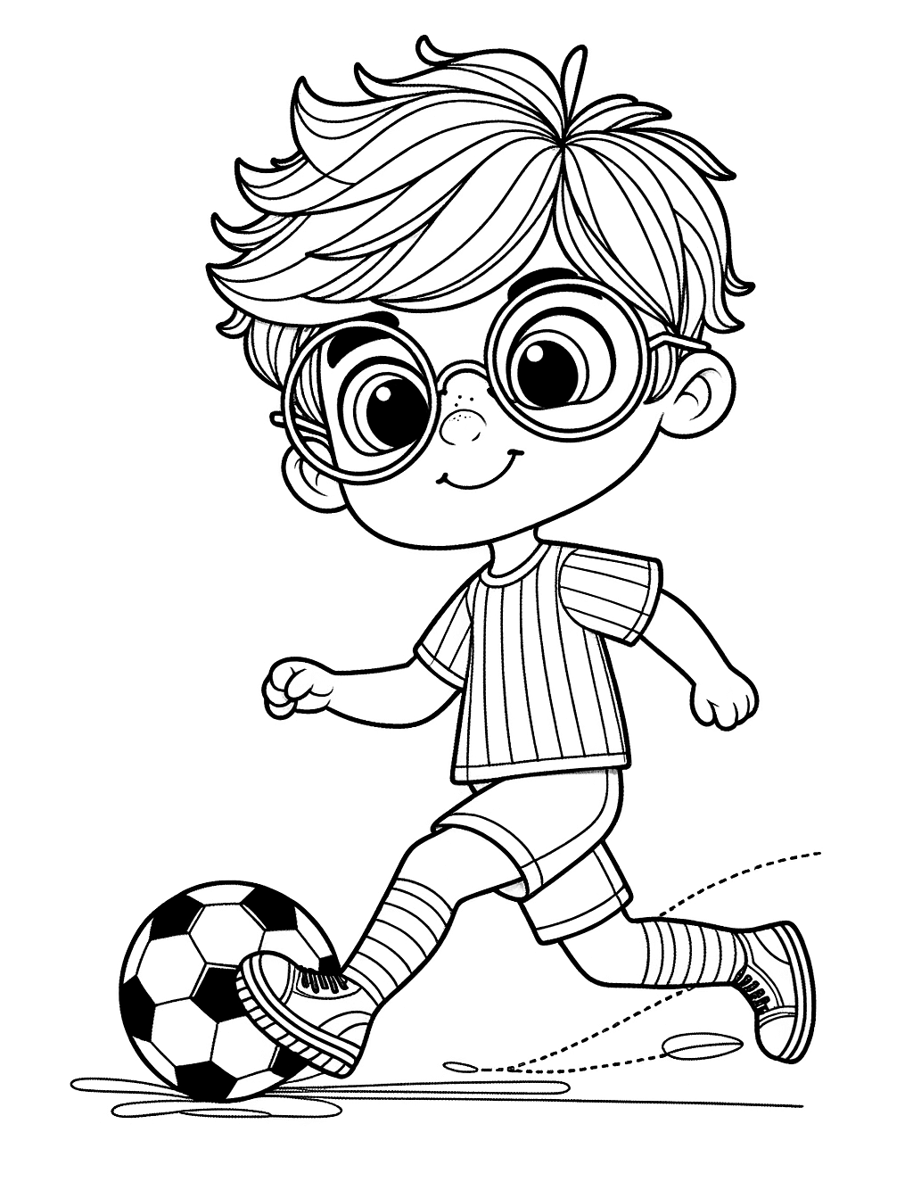 Coloring page of little boy with glasses playing soccer coloring page ...