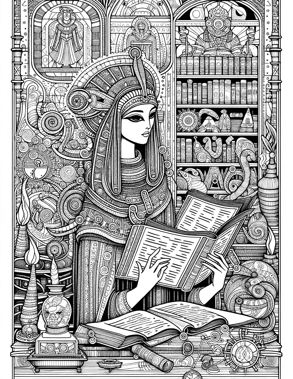 Coloring page of cleopatra studying ancient scrolls in a mystical ...