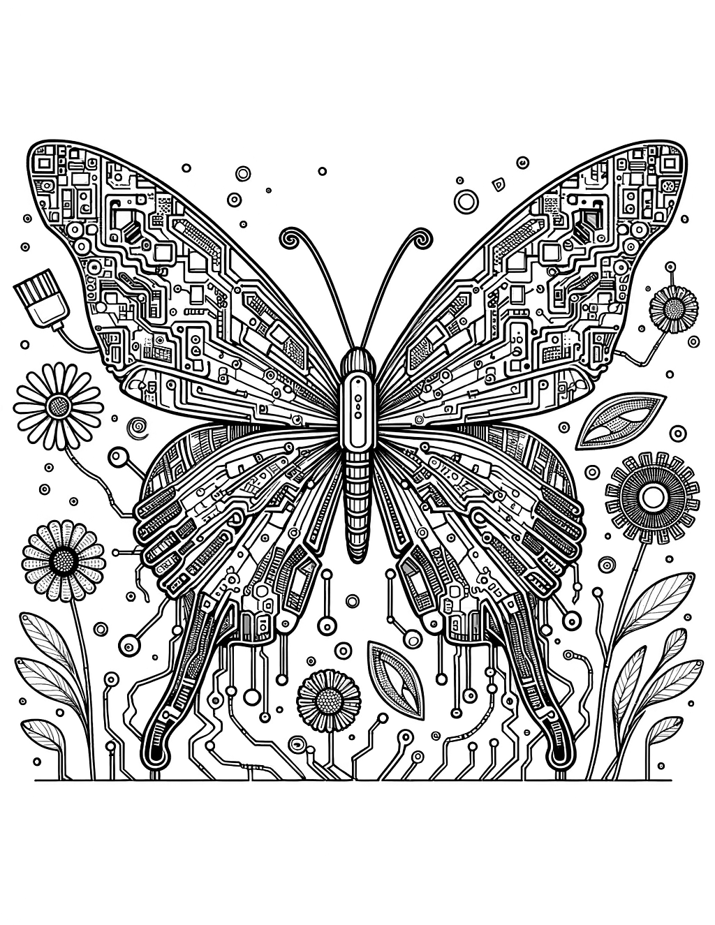 Coloring page of a robotic butterfly, its delicate wings fashioned from ...