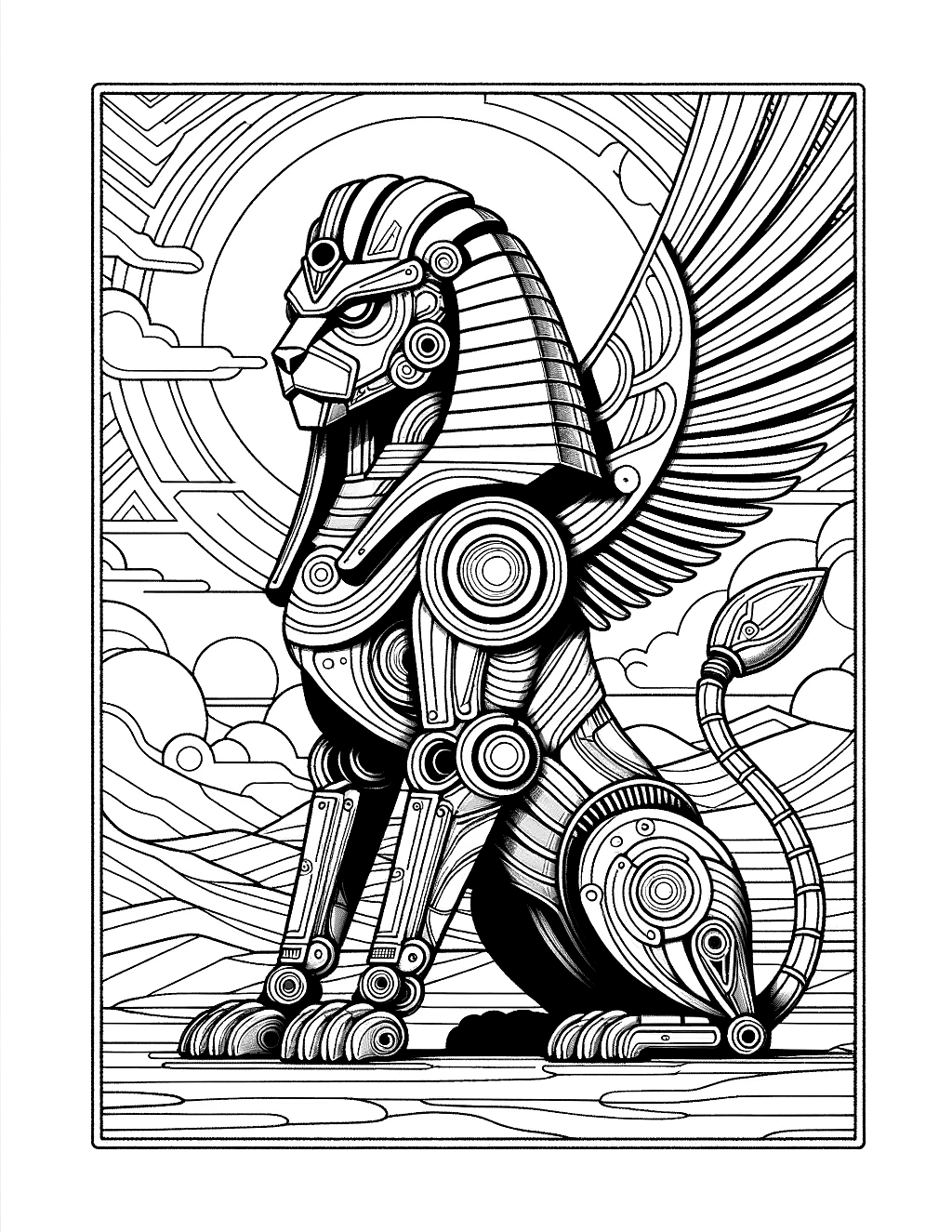 Coloring page of mech-sphinx: a mysterious creature with the body of a ...