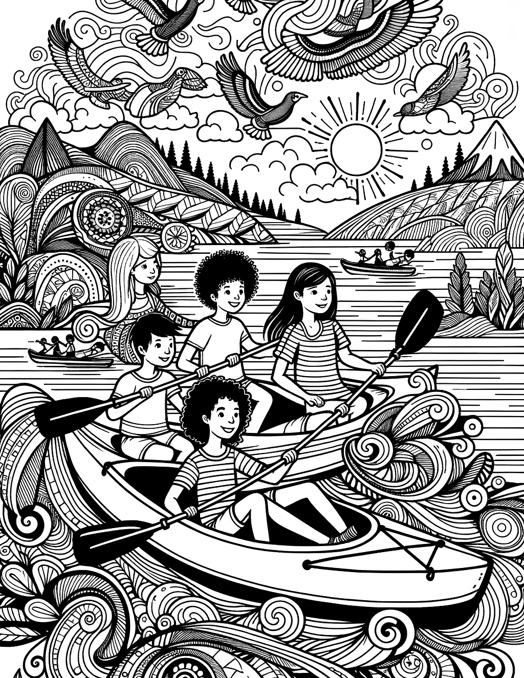 Coloring page of team of kids kayaking at the lake coloring page for ...