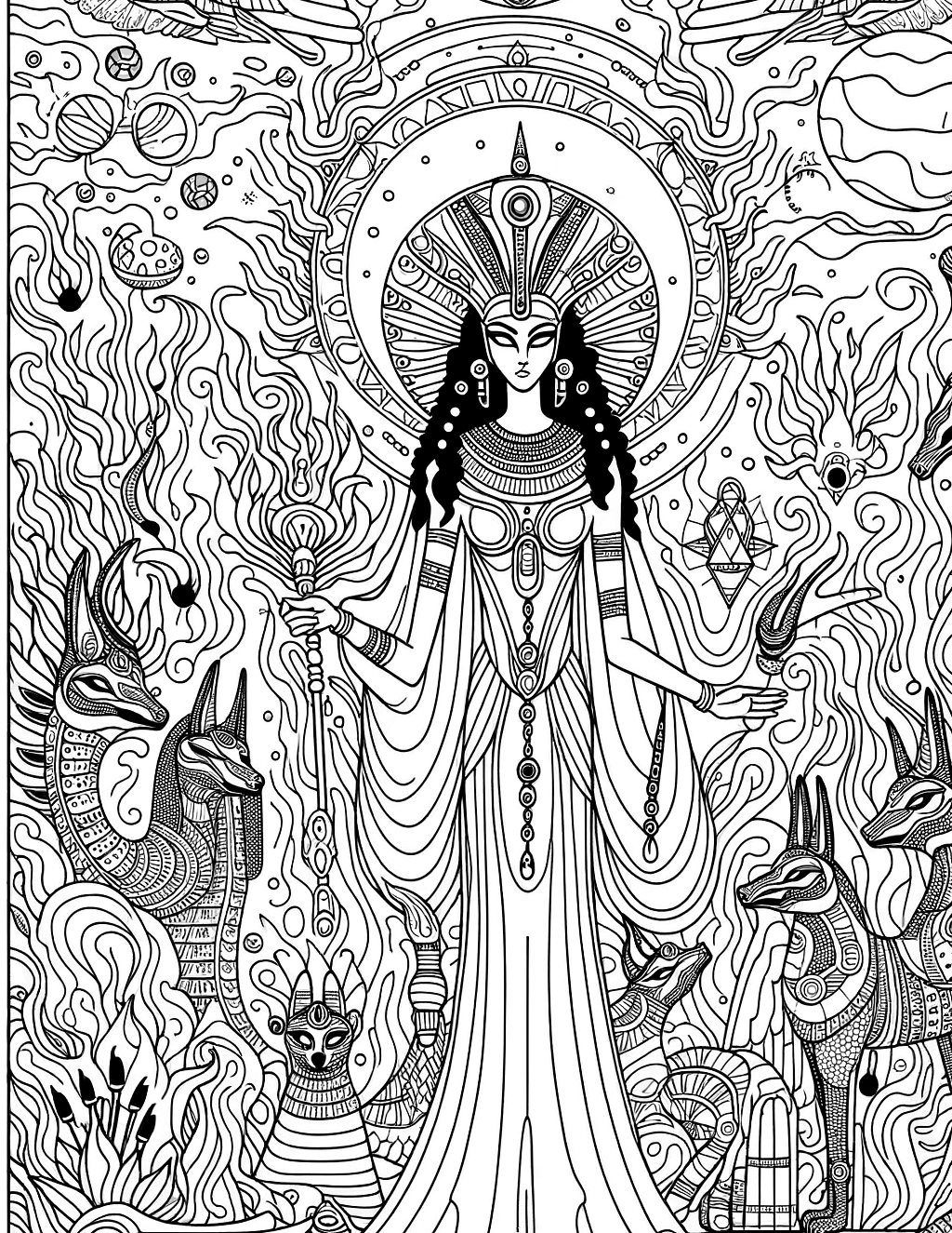 Coloring page of cleopatra in a mystical egyptian underworld ...