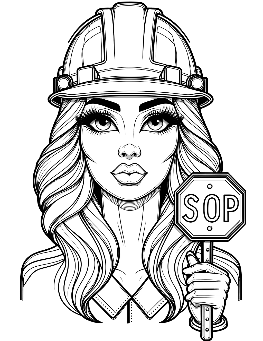 Coloring page of a femal tradie in hard hat with long hair underneath ...