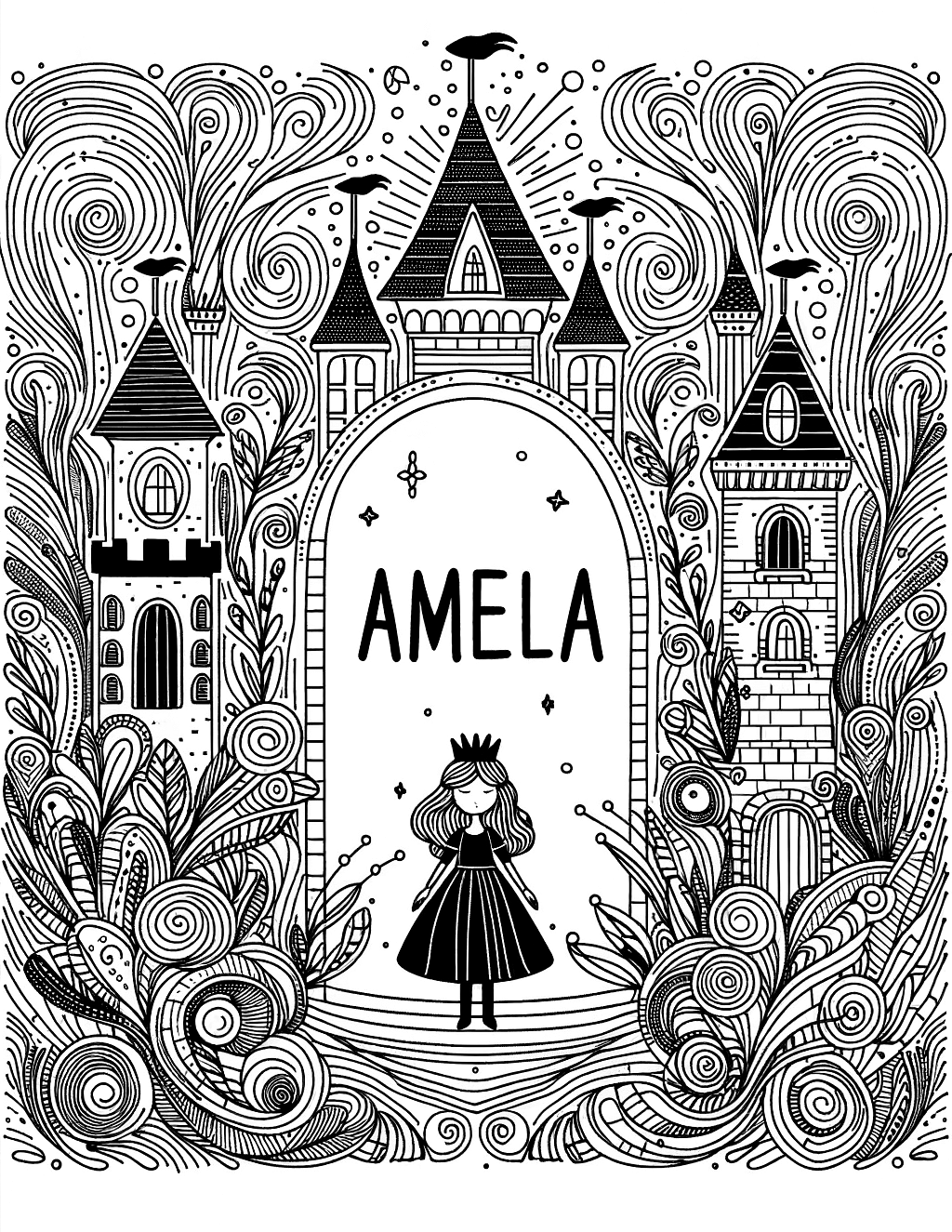 Coloring page of princess with a castle, with the name "amelia" in big ...