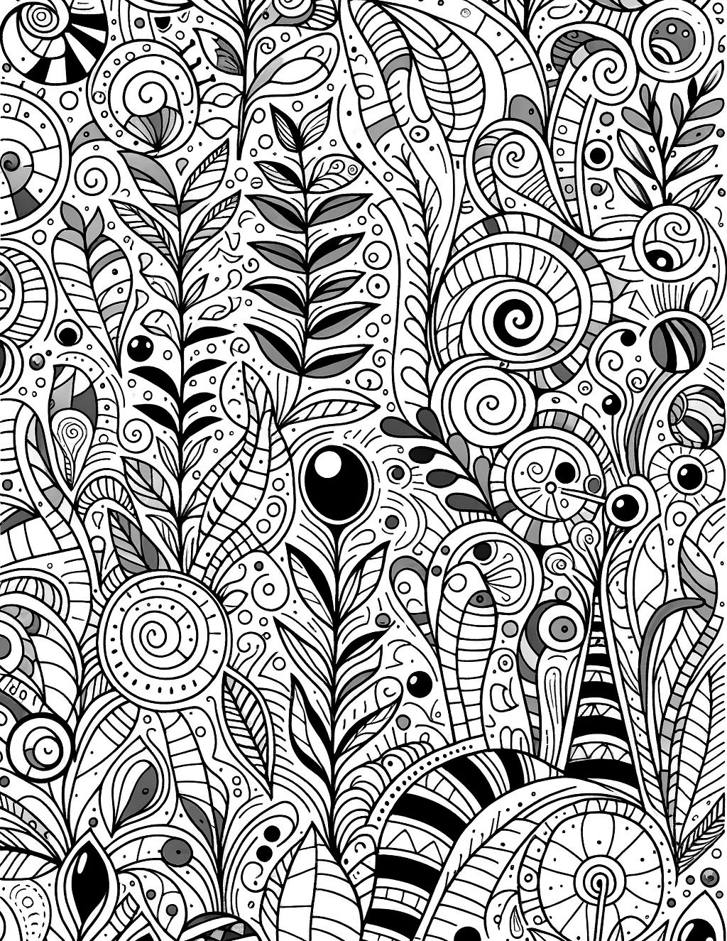 Coloring page of seamless whimsical nature doodle pattern | PageCrayon
