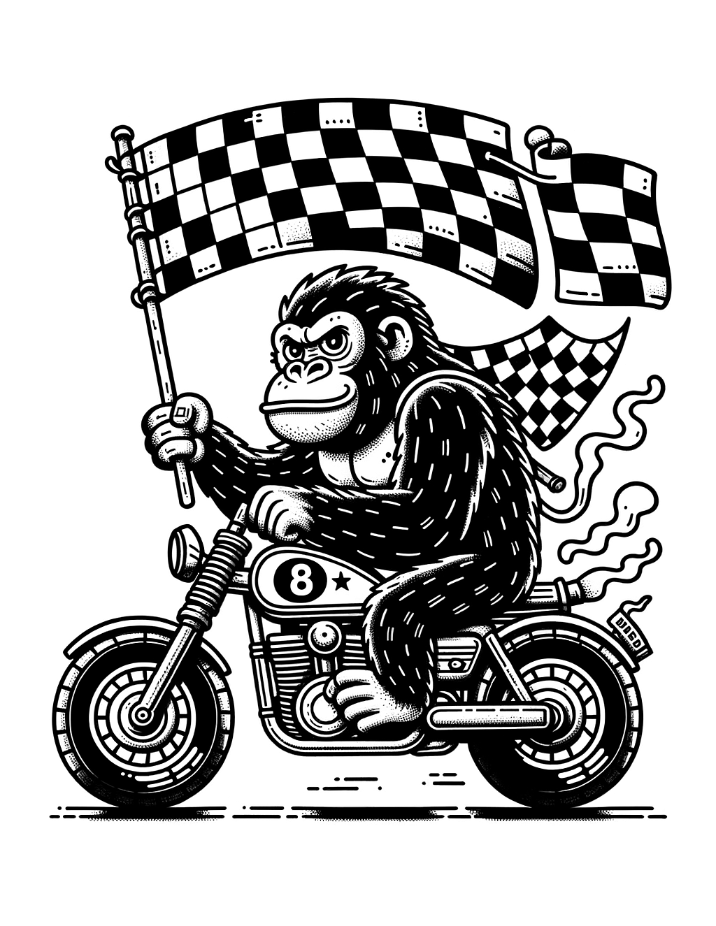 Coloring page of gorilla motorcycle checkered flag | PageCrayon