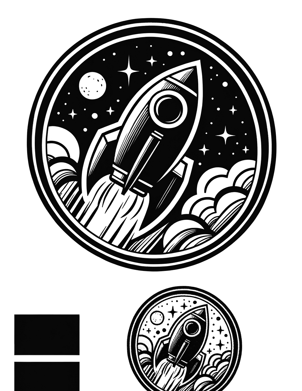 Coloring page of circle logo one rocket vintage style black background ...