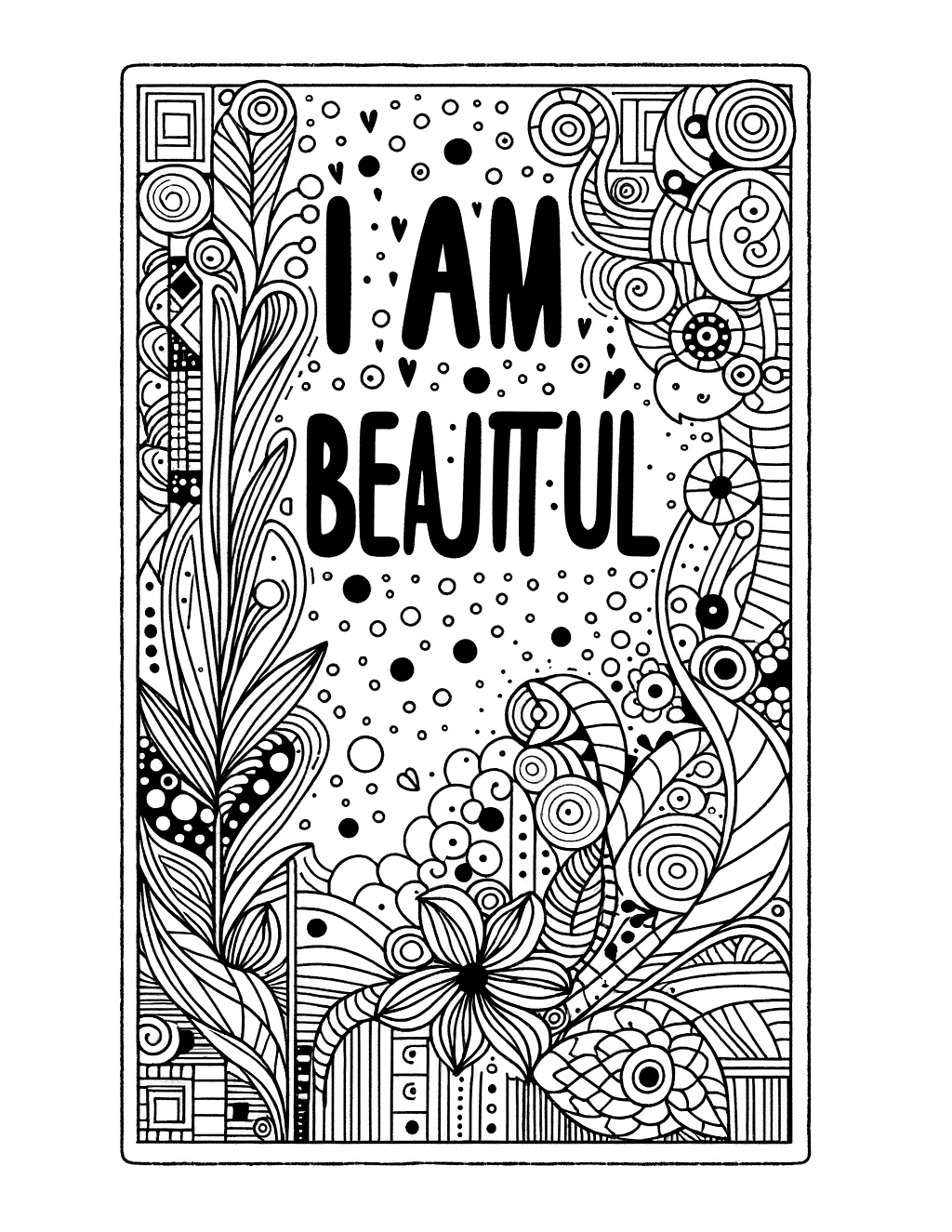 Coloring page of a phrase that says i am beautiful | PageCrayon