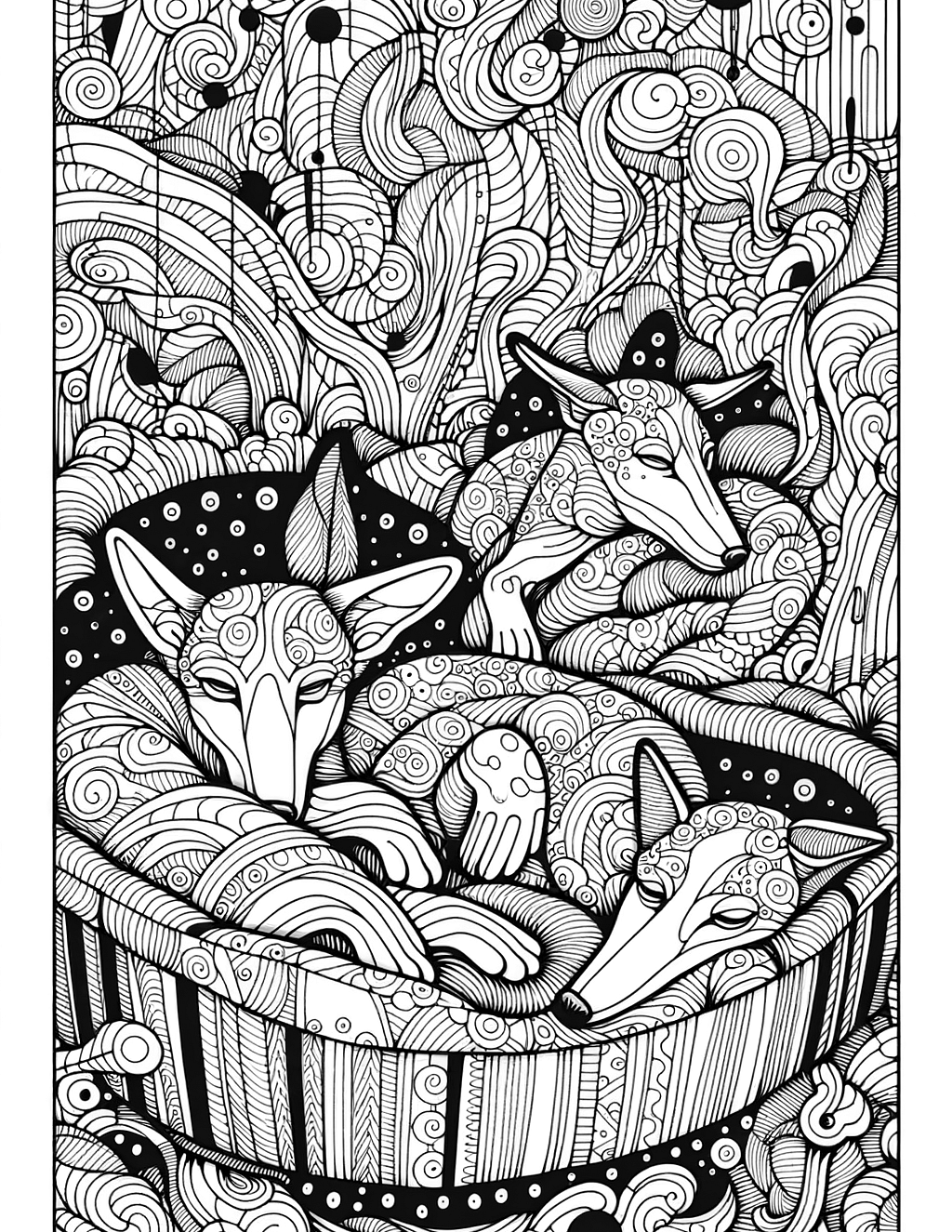 Coloring page of kelpie puppies sleeping in their bed | PageCrayon