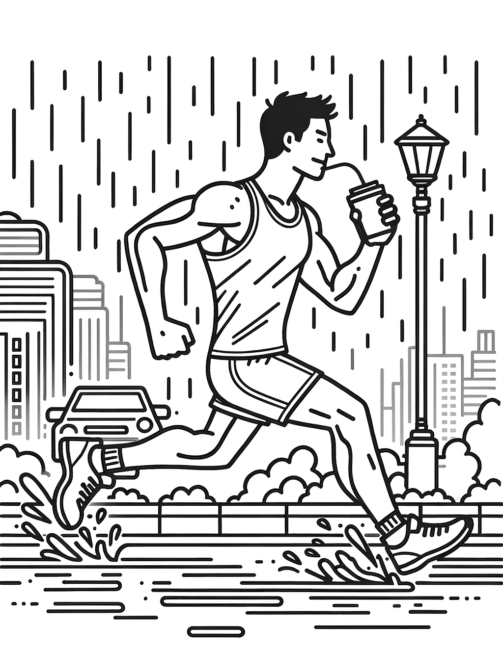 Coloring page of john abrham running in a marathon on a rainy day ...