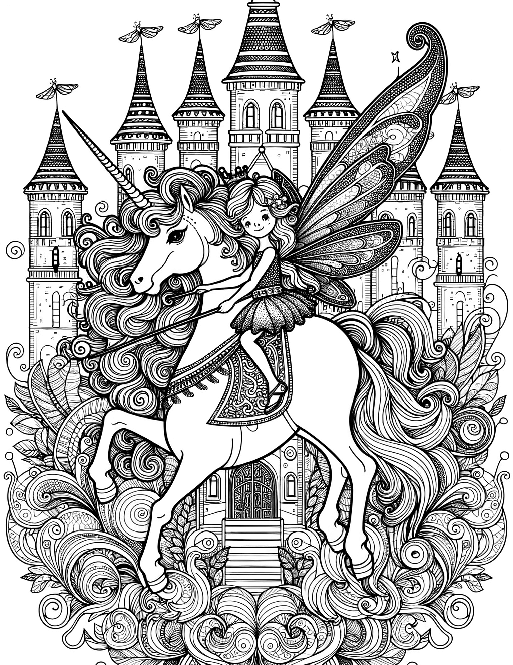 Coloring page of the tooth fairy riding a unicorn flying over a castle ...