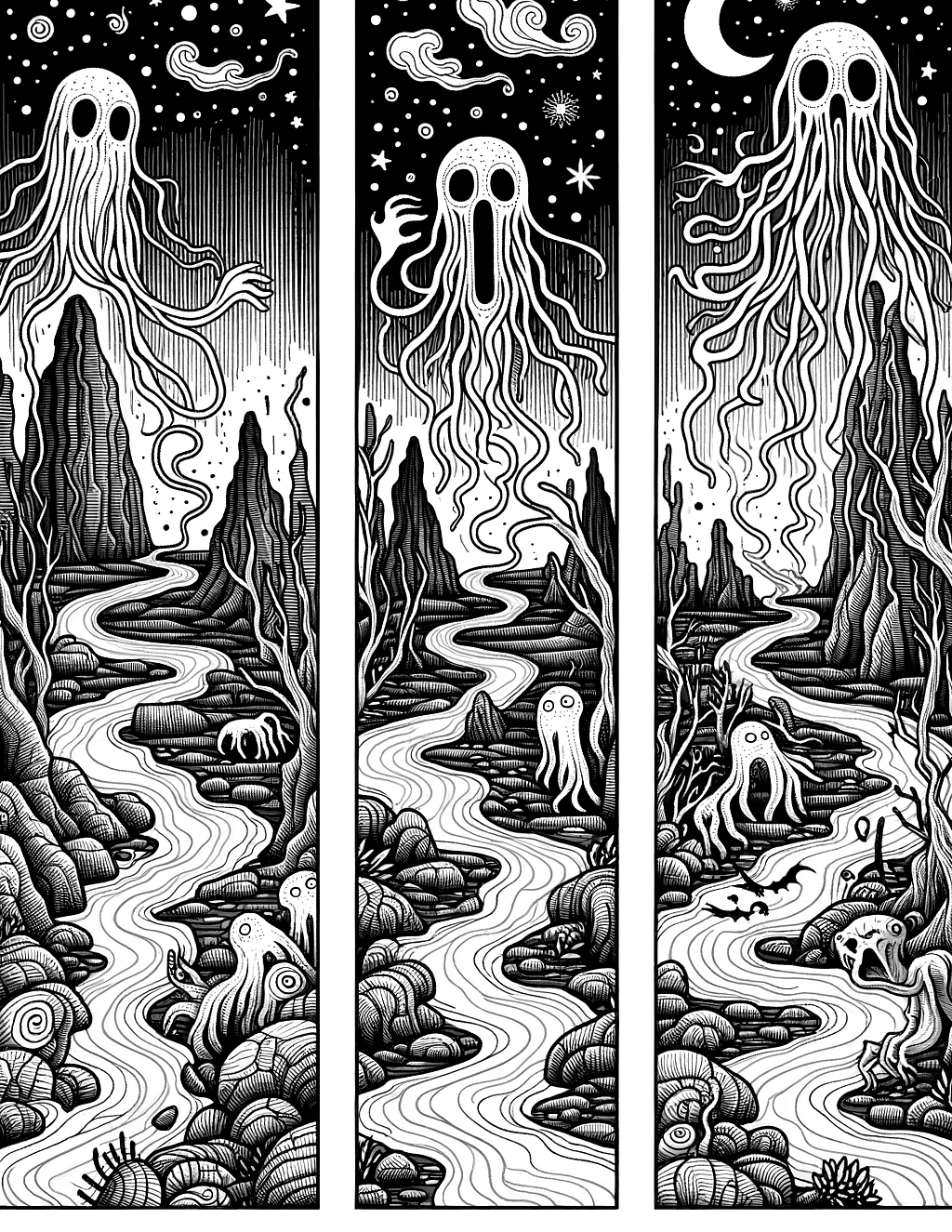 Coloring page of the mysterious underworld, encountering eerie ...