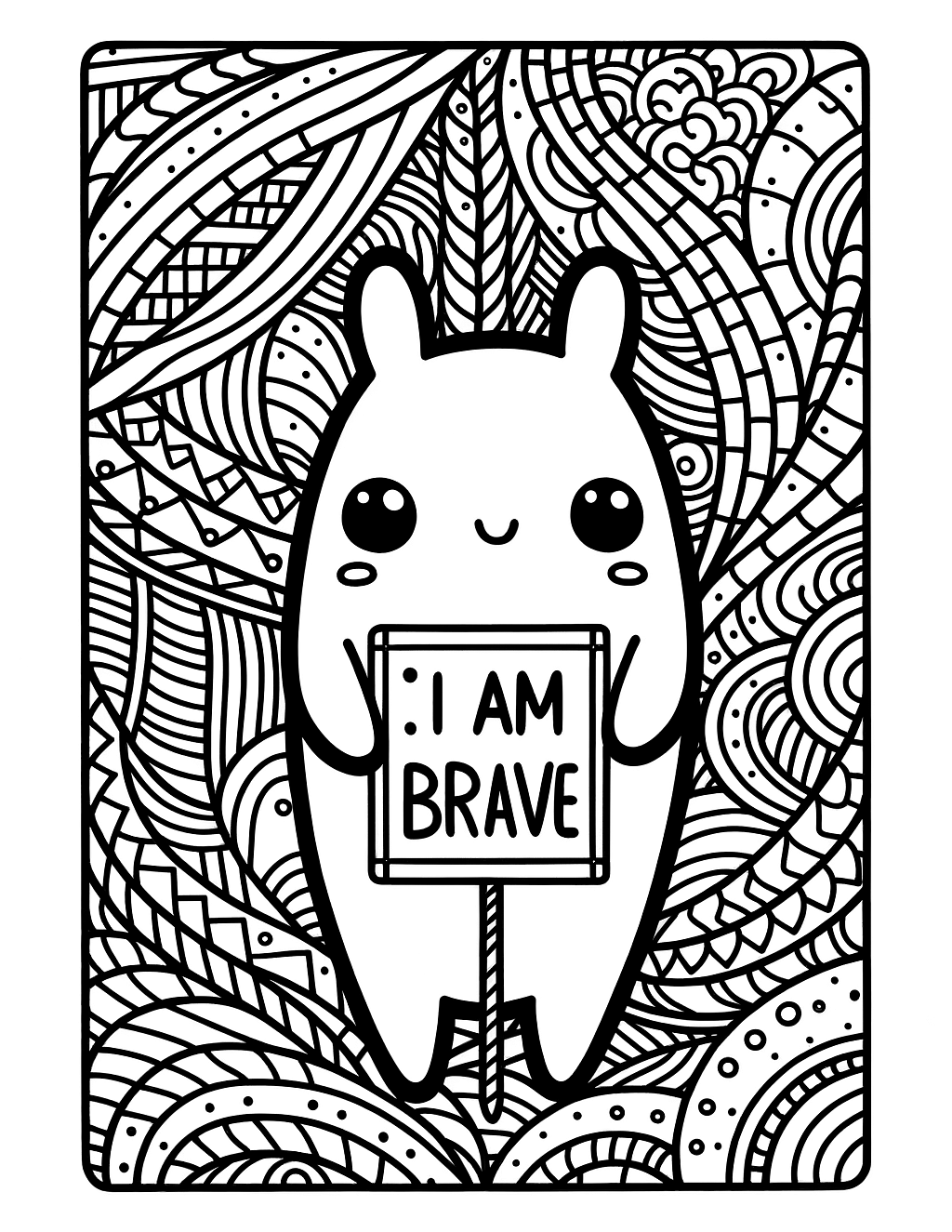 Coloring page of adorable kawaii critter holding a sign that says i am ...