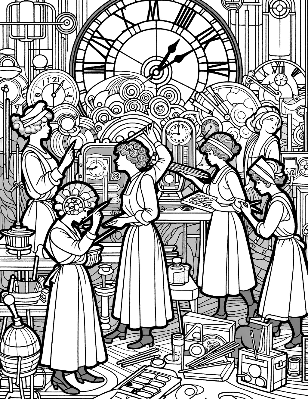 Coloring page of radium girls painting clock | PageCrayon